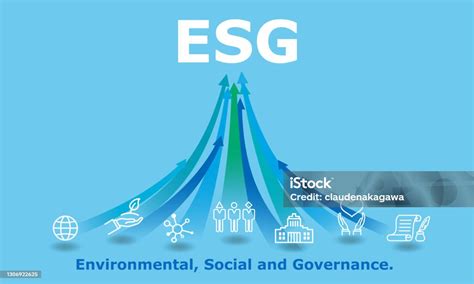 Esg 디지털 환경 사회 및 거버넌스 이미지 아이콘 및 상승 화살표 파란색 배경 환경 사회 지배 구조에 대한 스톡 벡터 아트 및 기타 이미지 환경 사회 지배 구조