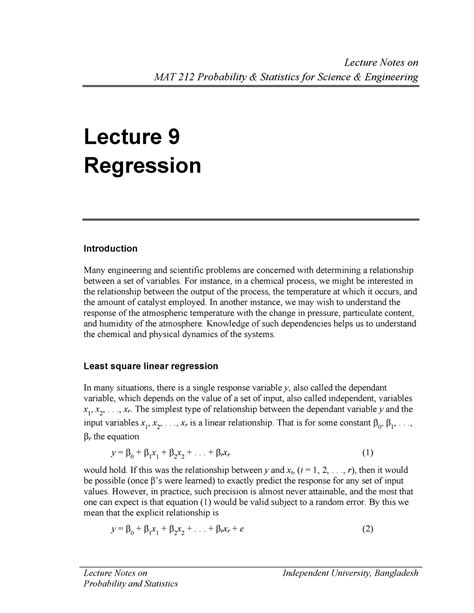 Lecture 09 Lecture Notes On MAT 212 Probability Statistics For