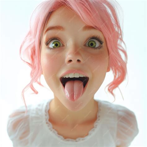A Young Woman With Pink Hair And Green Eyes Sticks Her Tongue Out In A Playful Manner Premium