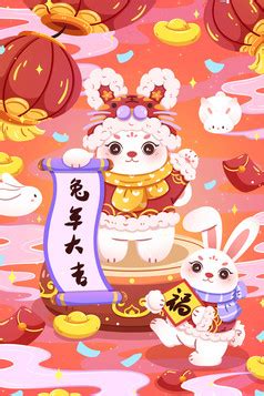 双兔门神开门大吉插画图片 包图网