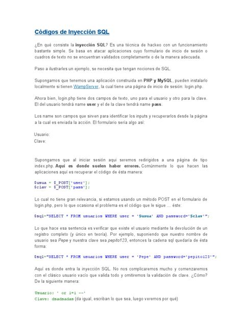 Códigos De Inyección Sql Pdf Sql Tecnologías De La Información