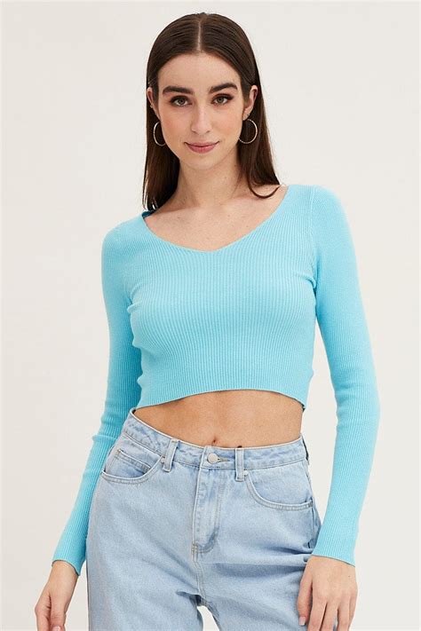 Womens Blue Knit Top Long Sleeve Crop V Neck Ally Fashion