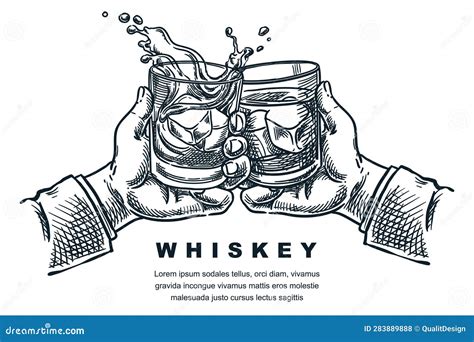 Hands Cheers Toast With Whiskey Or Bourbon Glasses Vector Hand Drawn