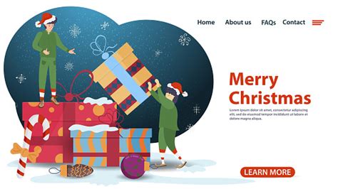 웹 페이지 모바일 응용 프로그램의 크리스마스와 새해 디자인 배너 작은 엘프 선물 플랫 벡터 일러스트와 상자를 수집 개념에 대한 스톡 벡터 아트 및 기타 이미지 Istock