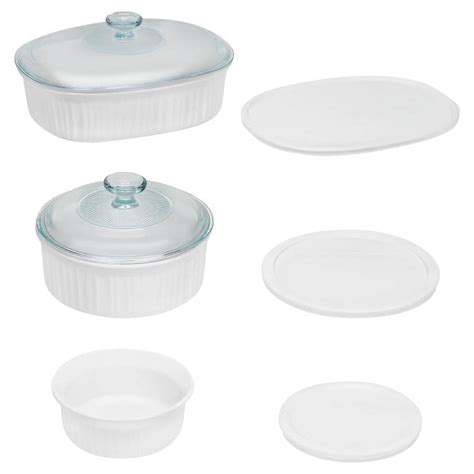 Corningware French White 8 Piece Ceramic Stoneware Casserole Set With Glass And Plastic Lids