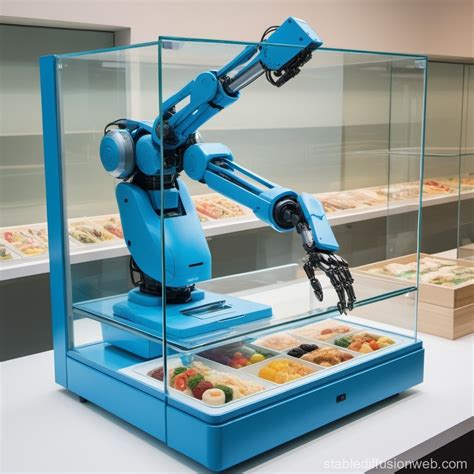 A Large Blue Vitrine Machine With Robot Arm Preparing A Bento Box