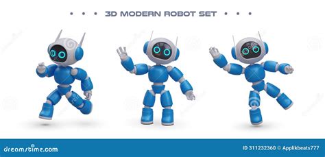 Set Of Realistic Robots Droid In Different Positions Stock Vector
