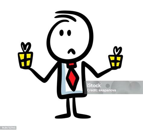 의상과 활을 입은 슬픈 스틱맨 캐릭터는 두 개의 작은 선물 상자를 손에 쥐고 있습니다 고름에 대한 스톡 벡터 아트 및 기타 이미지 고름 공휴일 귀여운 Istock