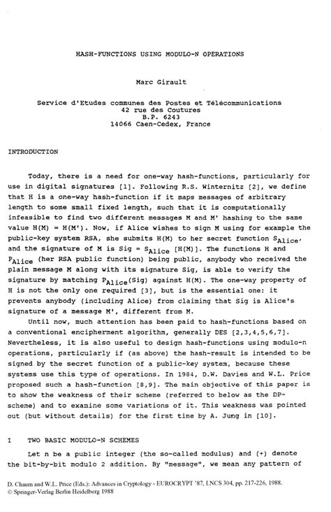 Pdf Hash Functions Using Modulo N Operations