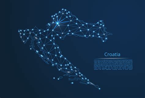 크로아티아 통신 네트워크지도 별과 공간의 형태로 포인트와 모양으로 구성된 도시 또는 인구 밀도의 형태로 조명글로벌지도의 벡터 낮은 폴리 이미지 0명에 대한 스톡 벡터 아트