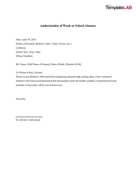 Doctors Note For Work Absence Template