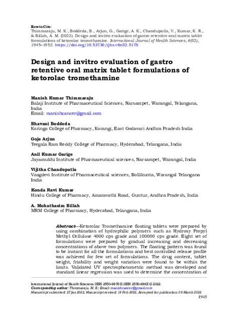 Pdf Design And Invitro Evaluation Of Gastro Retentive Oral Matrix Tablet Formulations Of