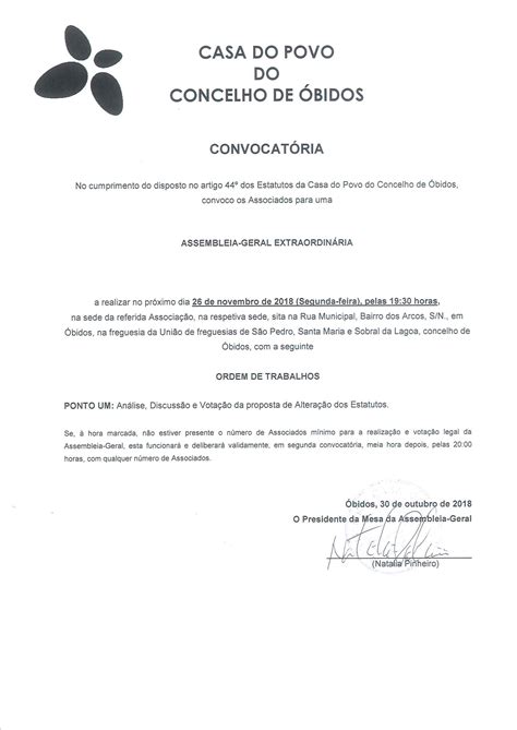 Convocatória Assembleia Geral Extraordinária Casa Do Povo De Óbidos
