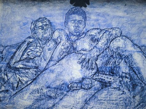 Original Draw Pasion Bed Blue Oil Pastel Big Size Format One Meter Love