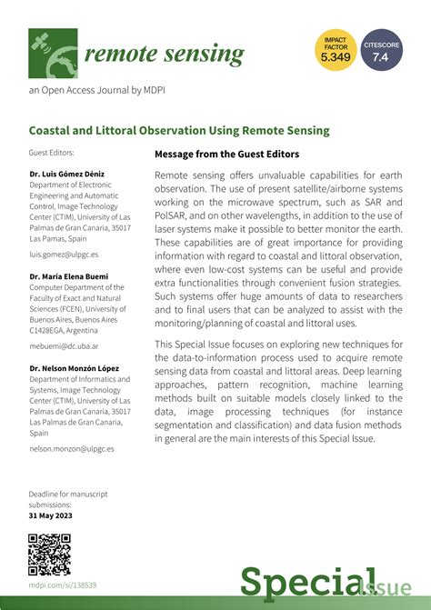 Pdf Message From The Guest Editors Mdpi Remote Sensing Special Issue Coastal And Littoral