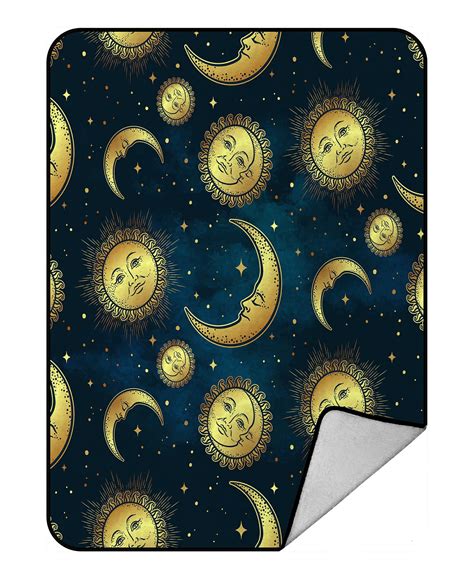 Abphqto Gold Celestial Bodies Moon Sun Stars Blue Night Sky Fleece