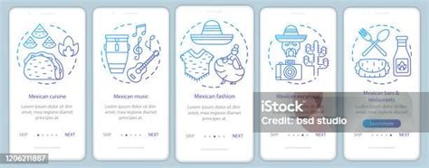 멕시코 문화 온보딩 모바일 앱 페이지 화면 벡터 템플릿입니다 멕시코 전통 휴일 선형 일러스트레이션이 있는 웹 사이트 연습