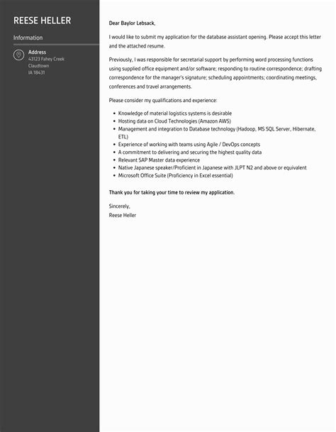 Database Assistant Cover Letter Velvet Jobs