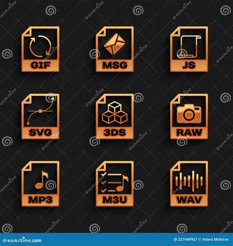 Set 3ds File Document M3u Wav Raw Mp3 E Icono Svg Vector Ilustración