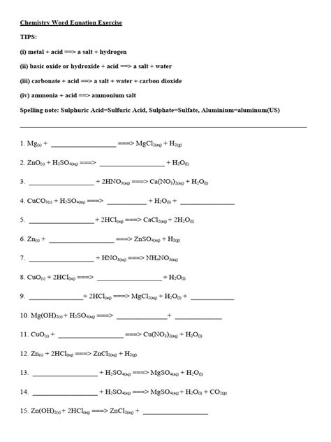 Chemistry Word Equation Exercise W Ans Pdf Hydroxide Sulfuric Acid