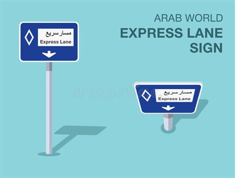 Isolated Arab World Express Lane Road Sign Front And Top View Stock