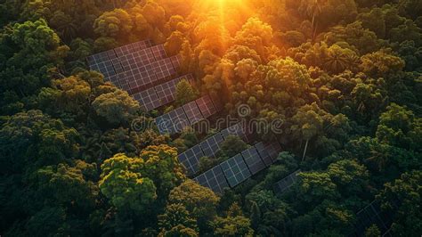 Solar Panels Amidst A Forest Filled With Diverse Vegetation Harnessing Sunlight Efficiently