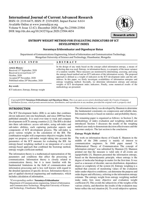 PDF ENTROPY WEIGHT METHOD FOR EVALUATING INDICATORS OF ICT