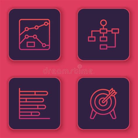 Set Line Graph Chart Diagram Pie Infographic Hierarchy Organogram And Target Blue Square