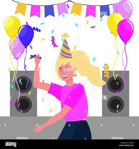 Woman Cartoon In A Party Design Happy Birthday Celebration Decoration