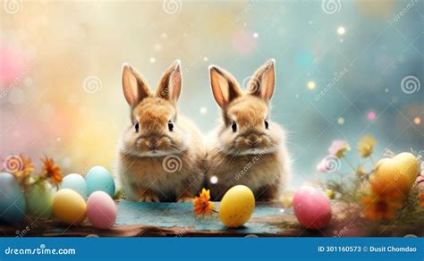 Happy Easter Background Banner Panorama Greeting Card Colorful Rabbits