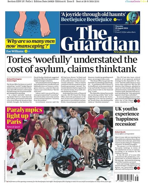 Guardian Front Page 29th Of August 2024 Tomorrows Papers Today