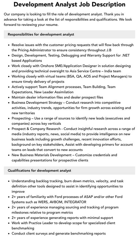 Development Analyst Job Description Velvet Jobs