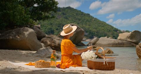 햇볕이 잘 드는 날에 는 외로운 해변에서 피크닉을 하고 물 한 잔을 들고 있는 모자와 노란색 드레스를 입은 한 여성 브이로깅에 대한 스톡 사진 및 기타 이미지 Istock