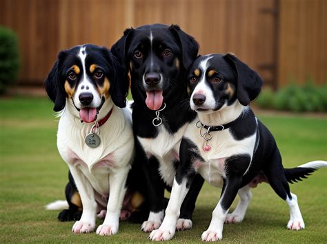 Three Playful Dogs Posing Together In A Beautiful Green Backyard Setting