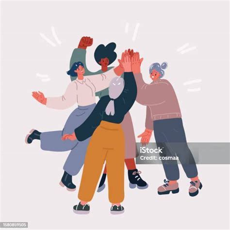 하이파이브를 하는 행복한 사람들의 벡터 삽화 친구들은 서로 인사하거나 지원합니다 비공식적 인 인사 제스처 우정 파트너십 및