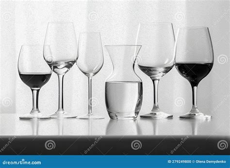 Composition Of Empty Different Types Of Wine Glasses In Shape And Size