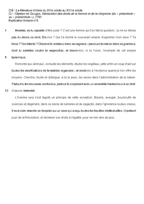 Explication Linéaire Olympe De Gouges Déclaration Des Droits De La Femme Et De La Citoyenne Du