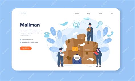 우체부 직업 웹 템플릿 또는 방문 페이지 우편 서비스를 제공하는 우체국 직원 편지 및 택배 수령 우표 판매 프리미엄 벡터
