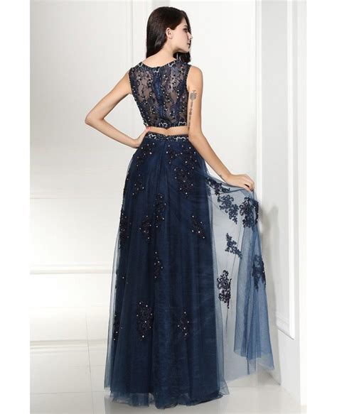 Two Piece Navy Blue Lace Long Tulle Prom Dress Lg0312