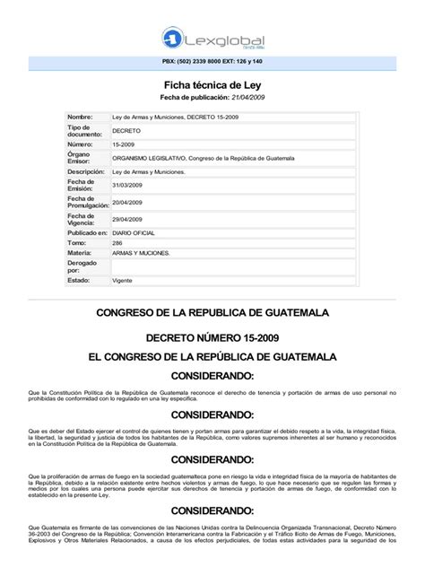 Ley Ley De Armas Y Municiones Decreto 15 2009 21 04 2009 Pdf