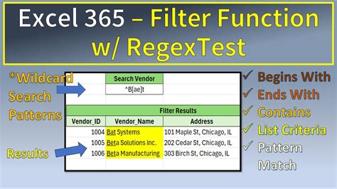 Excel Filter Function With Regextest Function Youtube