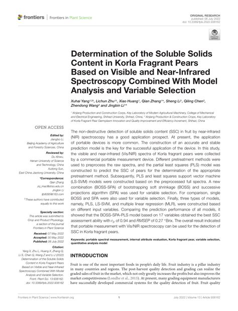 Pdf Determination Of The Soluble Solids Content In Korla Fragrant Pears Based On Visible And