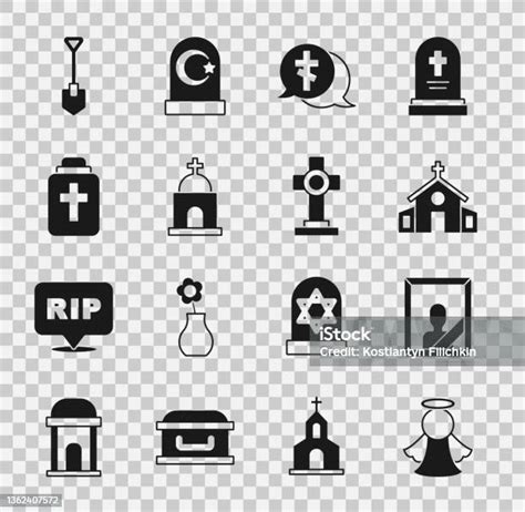 세트 천사 애도 사진 프레임 교회 건물 십자가와 무덤 오래된 지하실 장례식 삽과 아이콘 벡터 0명에 대한 스톡 벡터 아트 및 기타 이미지 Istock