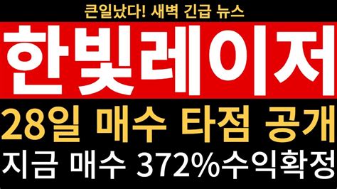 한빛레이저 새벽긴급뉴스 지금 매수하면 372 수익은 확정 됩니다 28일 매수타점공개 한빛레이저 한빛레이저주가전망 한빛레이저목표 장희빈 장교수 Youtube