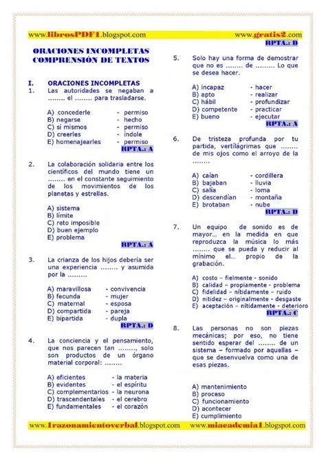 Oraciones Incompletas Ejercicios Resueltos Oraciones Incompletas