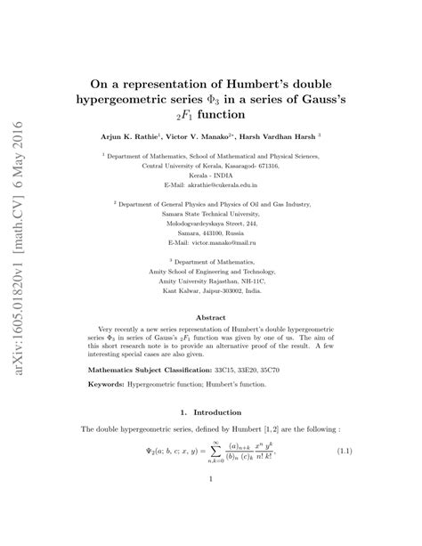 Pdf On A Representation Of Humberts Double Hypergeometric Series Phi 3 In A Series Of