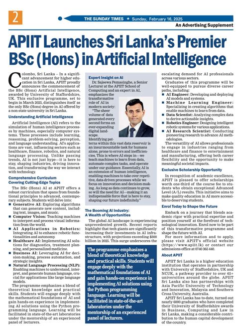 🚀 Exciting News Apiit Launches Sri Lankas Premier Bsc Hons In Artificial Intelligence