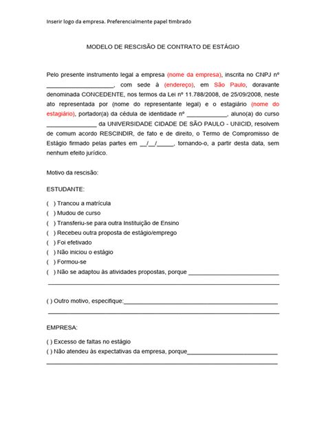 Modelo De Rescisão De Contrato De Estágio Pdf