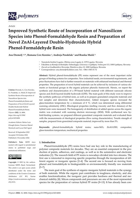 Pdf Improved Synthetic Route Of Incorporation Of Nanosilicon Species Into Phenol Formaldehyde