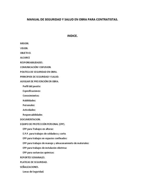 Manual De Seguridad Y Salud En Obra Para Contratistas Definitivo Pdf